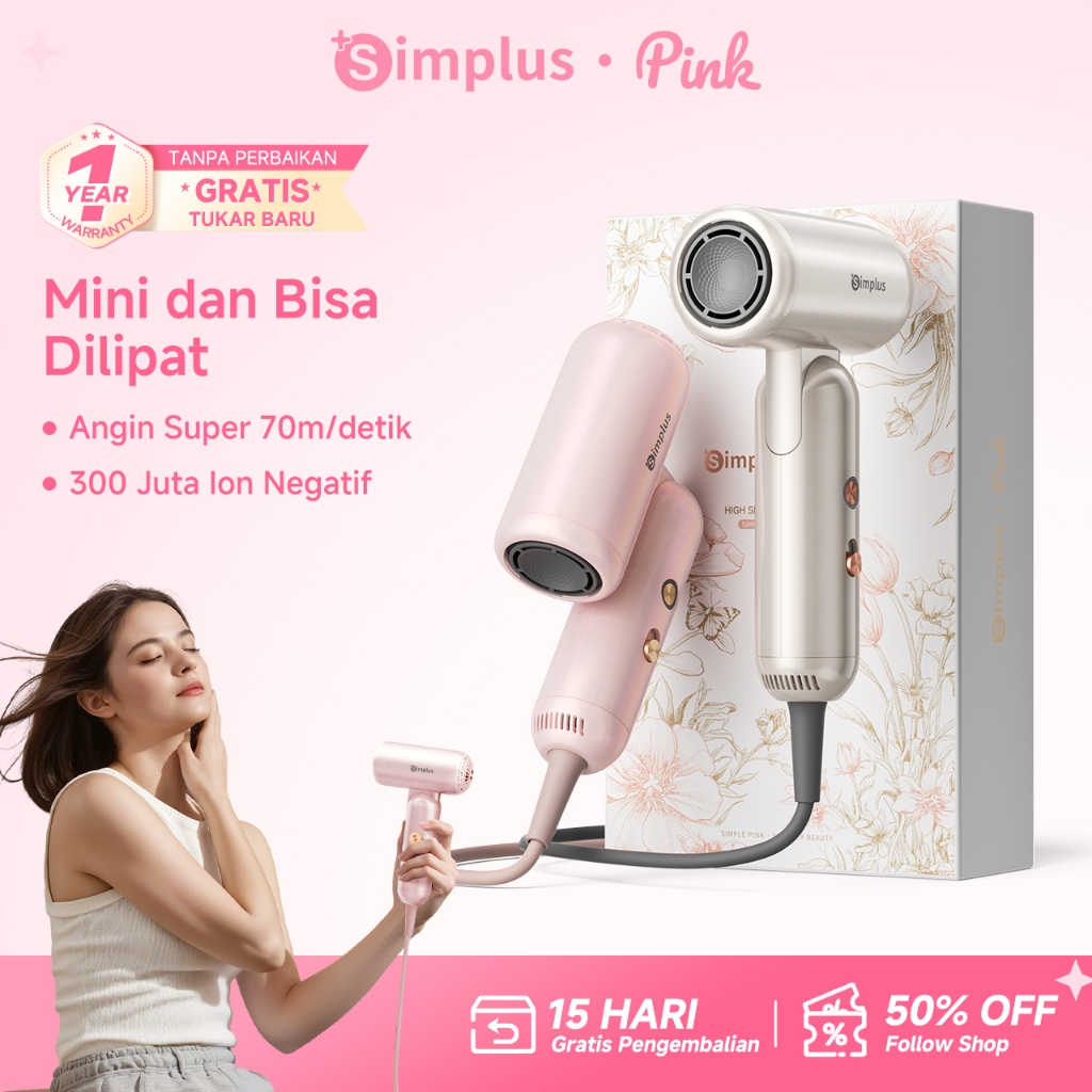 Jual Simplus Pink Hair Dryer Lipat Mini 8 Mode Pengeringan Angin 70m/detik 300 Juta Ion Negatif ...