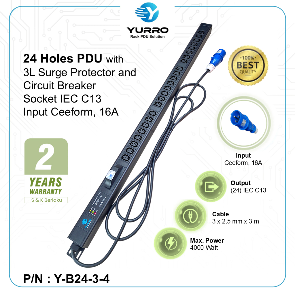 Jual YURRO - 24 Holes PDU IEC C13 with MCB, Input Ceeform 16A Power ...