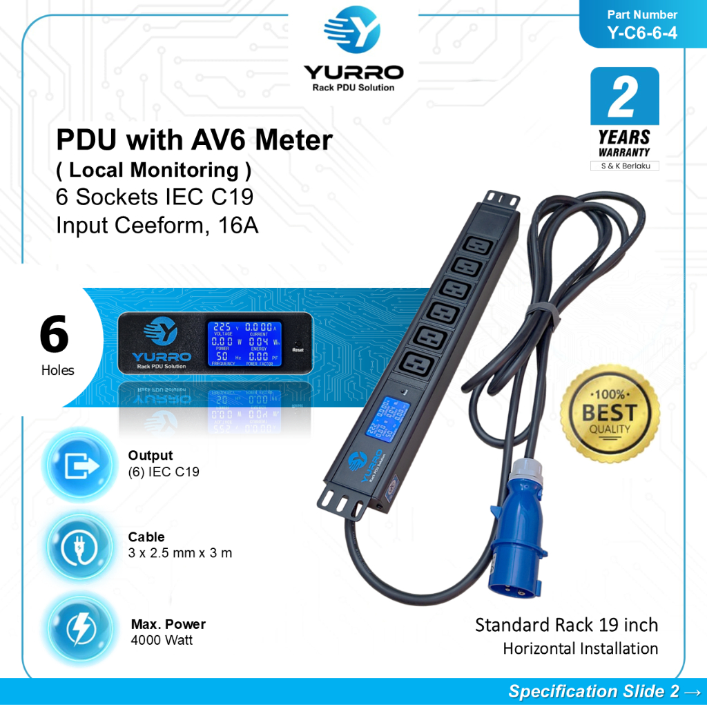 Jual Colokan Listrik 6 Holes PDU IEC C19 with AV6 Meter, Input Ceeform ...