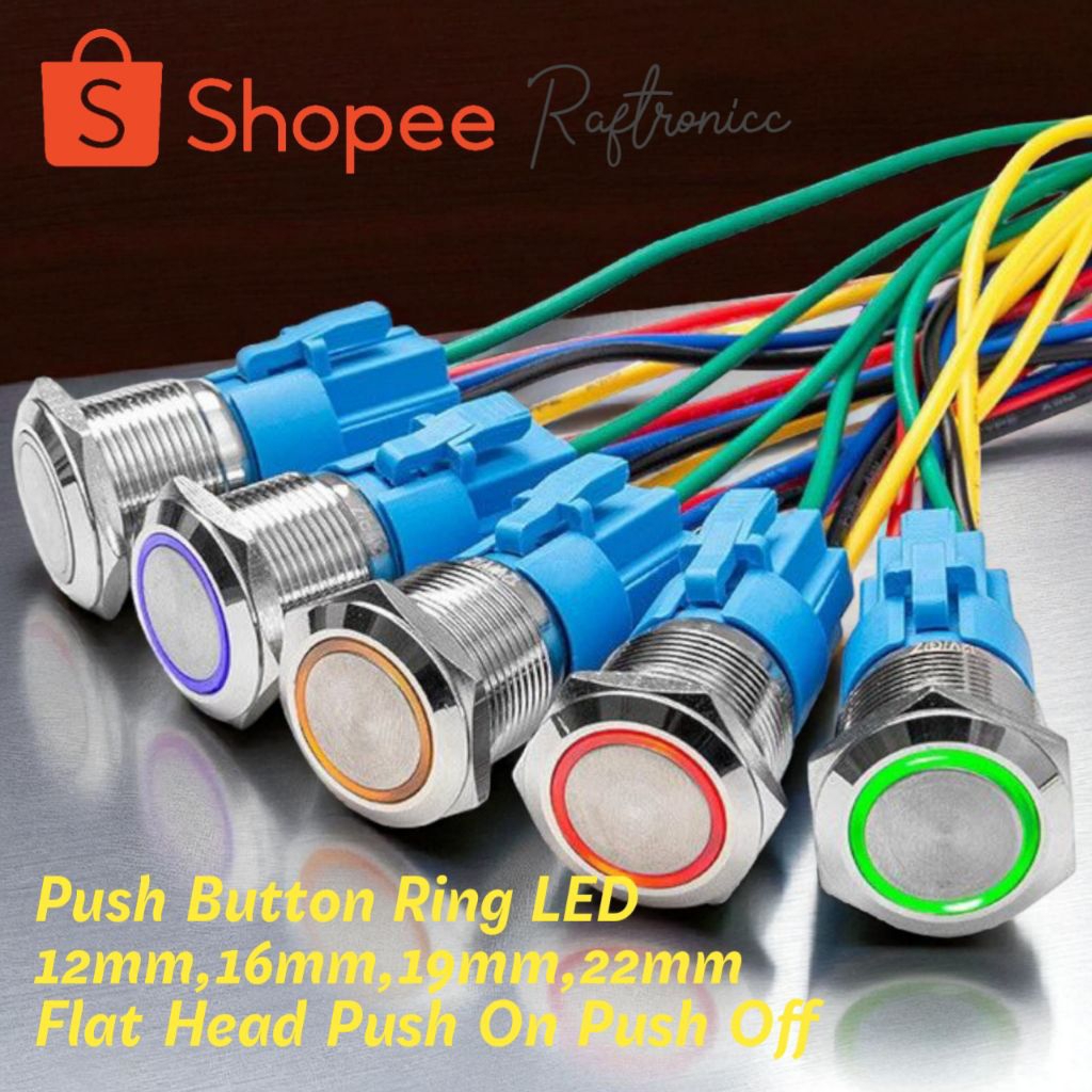 Jual Push Button Ring LED 12-16-19-22mm Flat Head Stainless Steel Self ...
