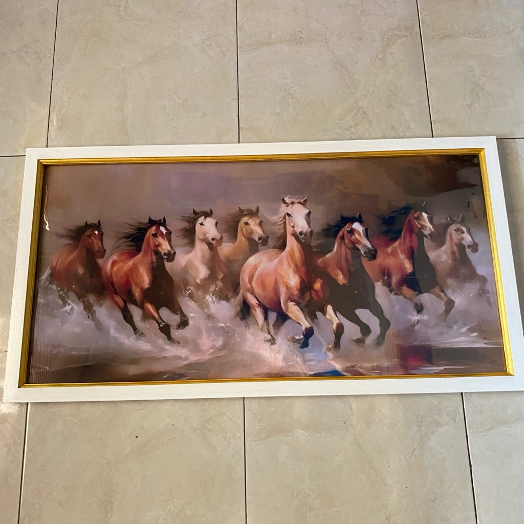 Jual Hiasan dinding lukisan cetak gambar 8 kuda berlari plus bingkai ...