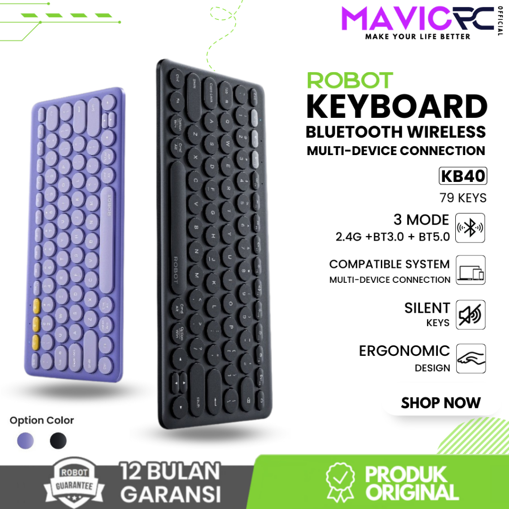 Jual ROBOT KB40 Keyboard Wireless 3 Koneksi Bluetooth USB Silent Keys ...