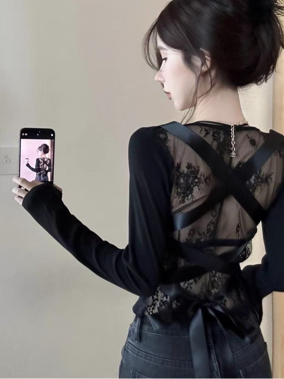 Jual Women's Goth Elegant Backless Lace Transparent Cross Strap Top ...