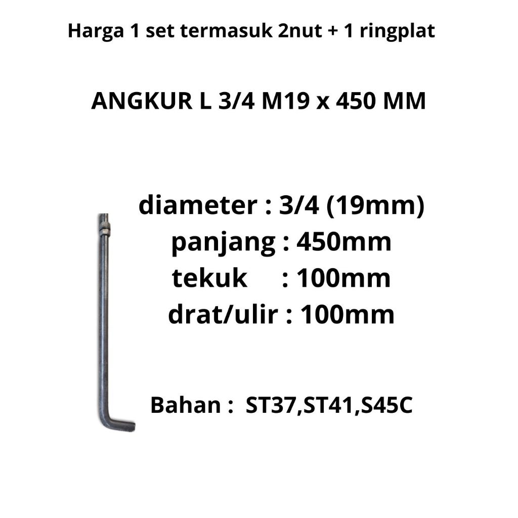 Jual Anchor Bolt L / Angkur L 3/4" / M19 x 450 mm - (ST37 / ST41 / S45C ...