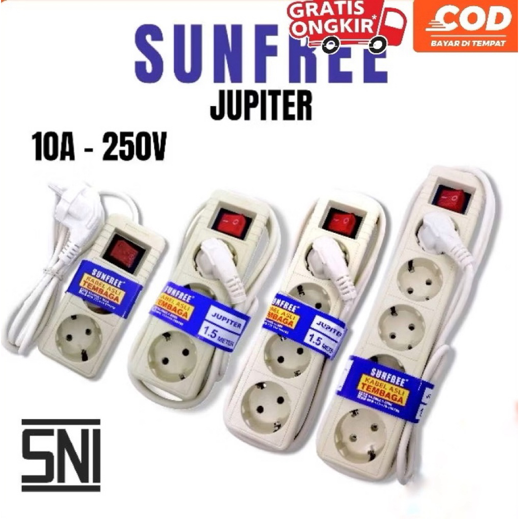 Jual SUNFREE JUPITER Stop Kontak Saklar On Off 2 3 4 5 Lubang Kabel 1.5M, 3Meter & 5Meter SNI ...