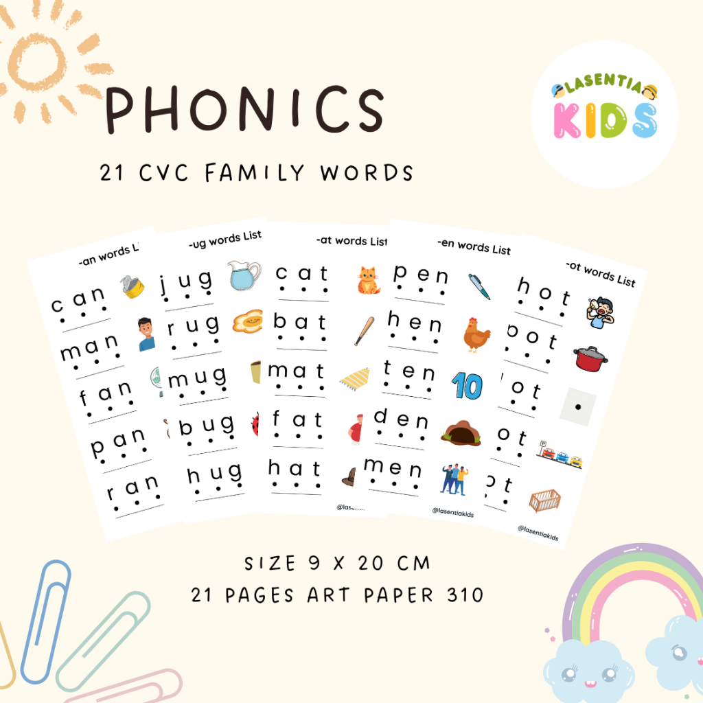Jual Flashcard Phonics CVC Word List Card 21 Family Words For Age 3 ...