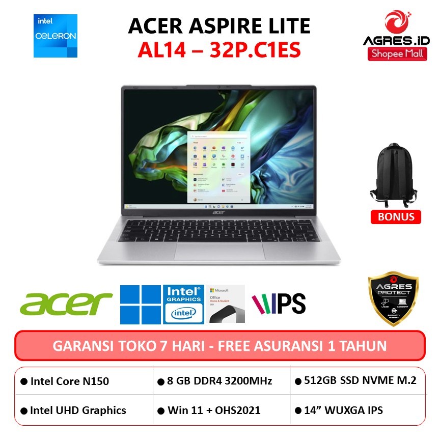 Jual ACER ASPIRE LITE AL14 N150 8GB 512GB W11+OHS+M365B 14.0WUXGA BLU -32P.C1ES | Shopee Indonesia