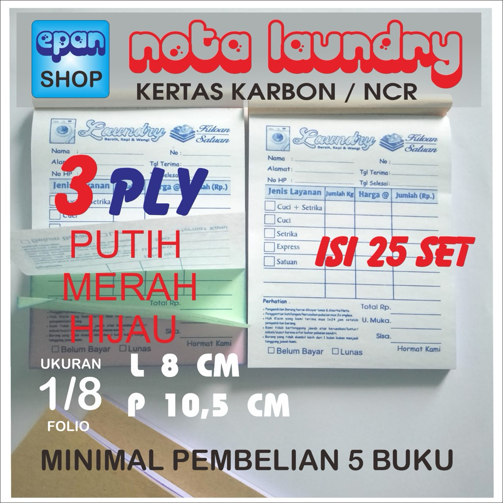 Jual Nota Laundry 3 ply ukuran mini ( 8 x 10,5 cm ) isi 25 set. Ready ...