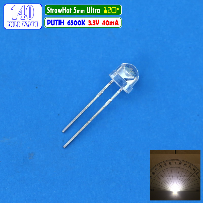Jual Led Straw Hat 5mm Putih Ultra Bright 6000K 6500K 120 Derajat DIP 2 ...