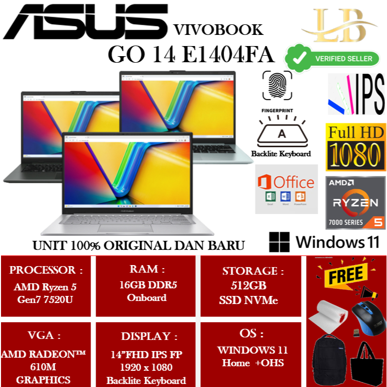 Jual Laptop Asus Vivobook Go 14 E1404FA Amd Ryzen 5 7520U 16GB 512GB 14 ...