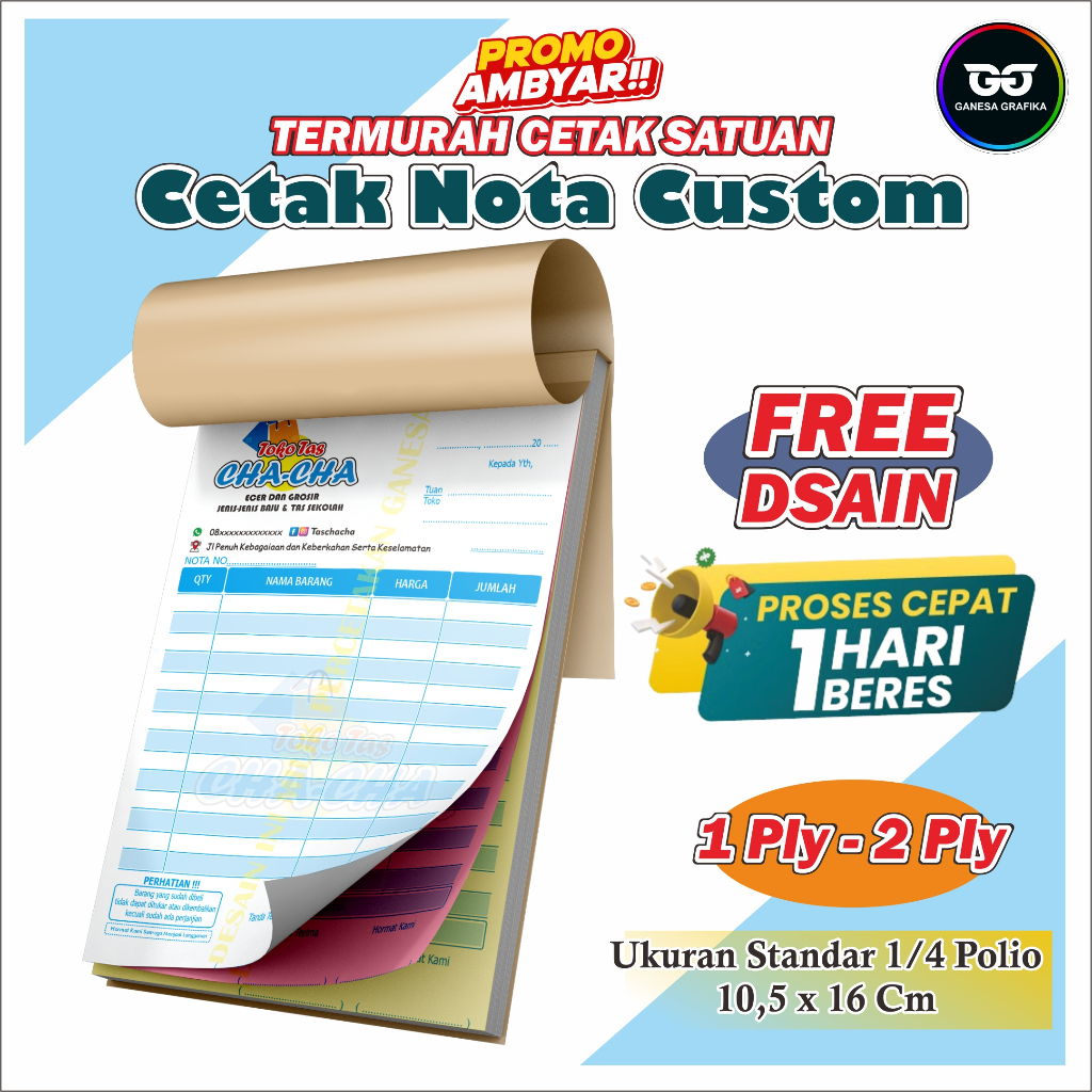 Jual Nota Custom 2 ply 1 ply nama usaha sendiri ukuran sedang 1/4 Folio ...