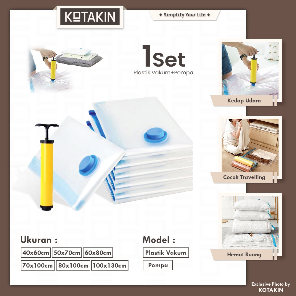 Jual KOTAKIN Vacuum Bag Set 6Pcs Kantong Pakaian+Pompa Manual Travel Plastik Kompresi Vakum Baju ...