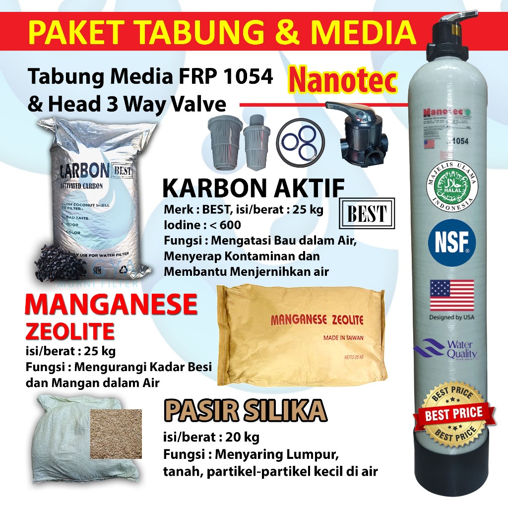Jual Paket Filter Tabung Media FRP 1054 Nanotec + Head 3 Way Valve + Pasir Silika 20 Kg ...