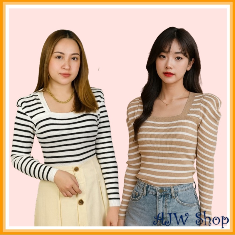 Jual AJW Atasan Rajut Lengan Panjang Wanita Premium Import Salur Garis Garis XW | Baju Rajut ...