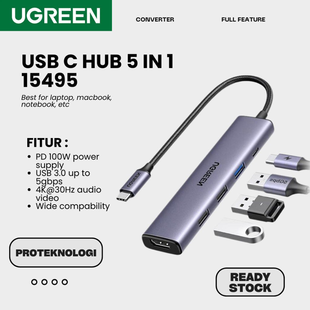 Jual UGREEN 15495 5 in 1 USB C Multifunction Adapter HUB HDMI 4K 30Hz 3 ...