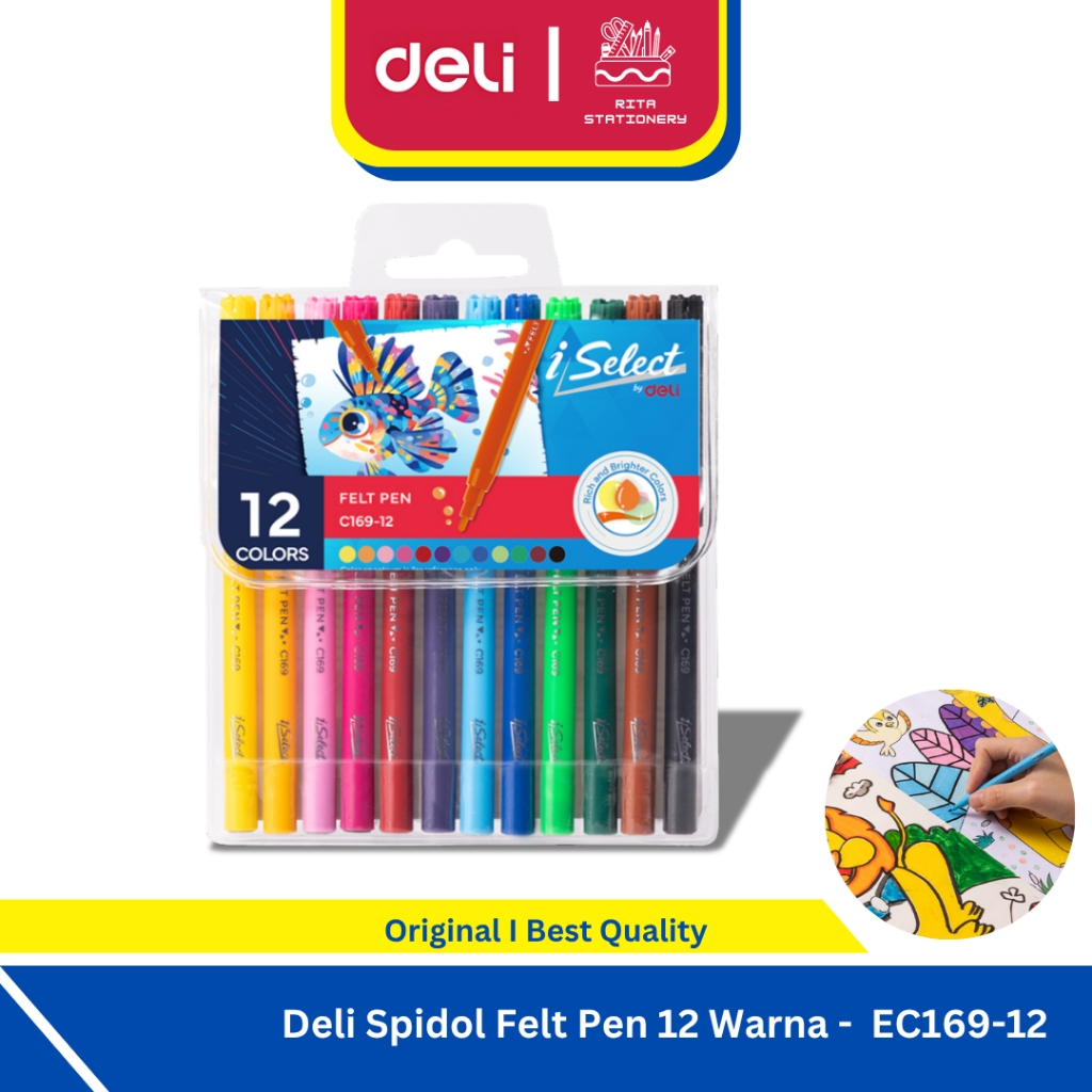 Jual Deli I-Select Spidol 12 Warna Set / Felt Pen Gambar Washable Mudah ...