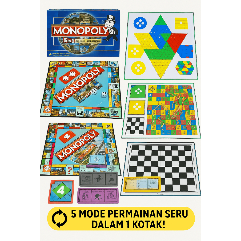 Jual Mainan Edukasi Anak MONOPOLI 5 in 1 - Isi Lengkap Papan Kartu Uang ...