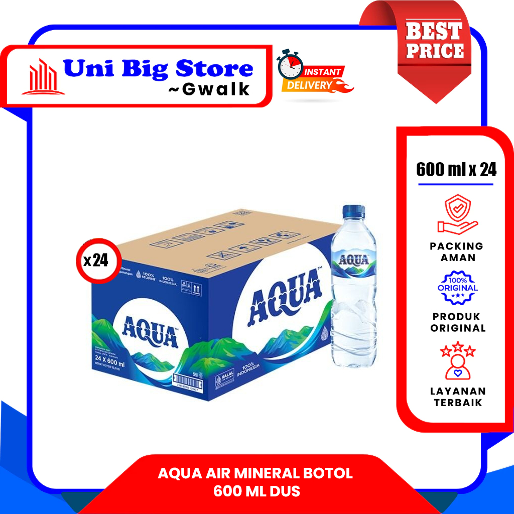 Jual AQUA AIR MINERAL BOTOL DUS - (600 ml x 24 pcs) | Shopee Indonesia