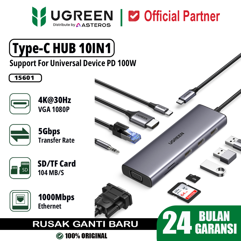 Jual UGREEN USB HUB Type C 10 ini 1 USB 3.0 HDMI,VGA, TF/SD Card ...