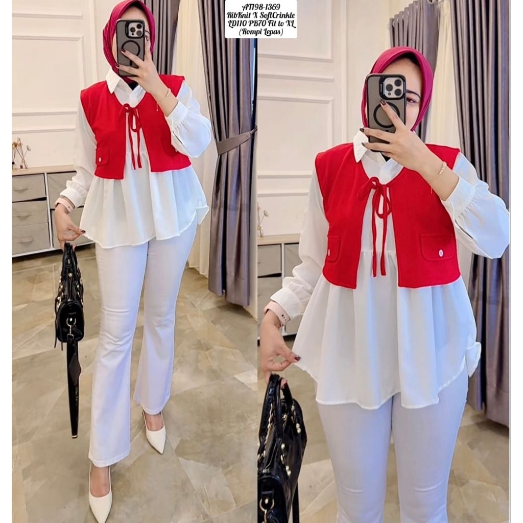 Jual ATASAN DEWASA MERAH PUTIH BAHAN CRINKLE LD 100 // ATASAN KOMBINASI ...