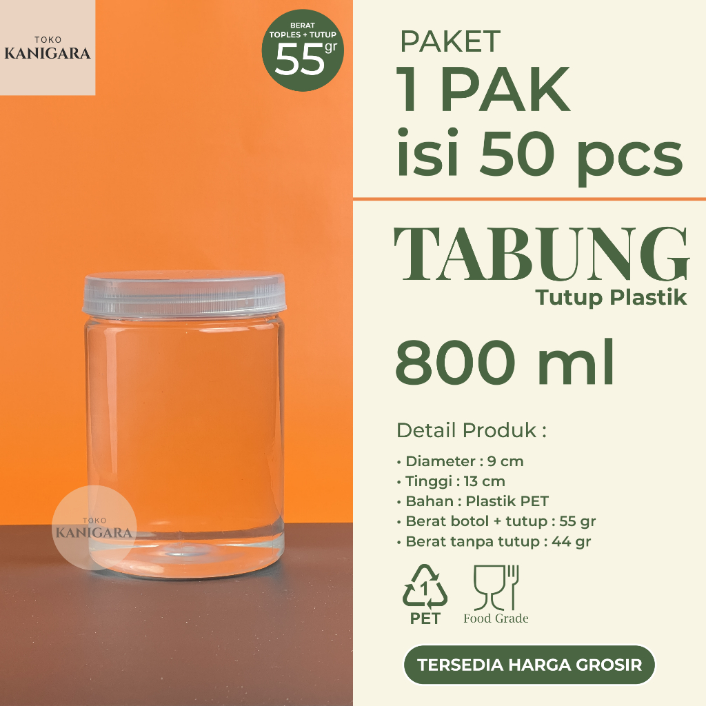 Jual Toples Tabung 800 ml 1 PAK - TUTUP PLASTIK - Isi 50 PCS - Toples ...