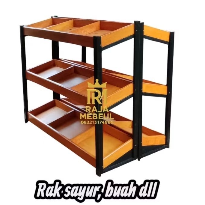 Jual 3 tingkat rak sayuran/ rak buah-buahan/ rak kayu miring/ rak sekat ...