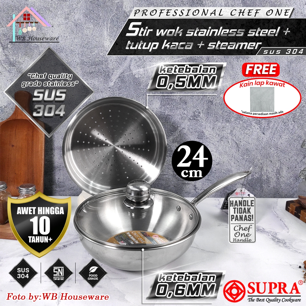 Jual New SUPRA Panci stir wok 24cm + steamer + tutup kaca viliron ...