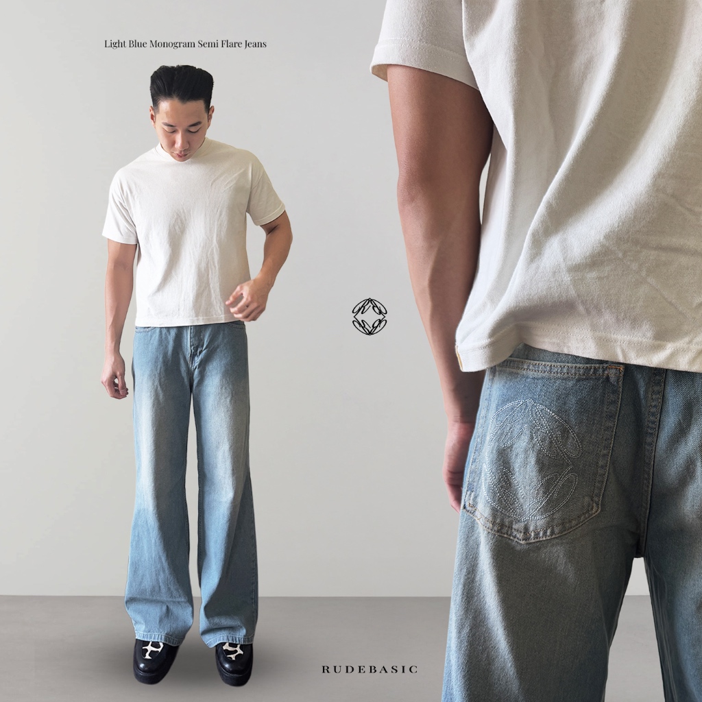 Jual Rudebasic - Light Blue Monogram Semi Flare Jeans | Celana Jeans Panjang | Shopee Indonesia