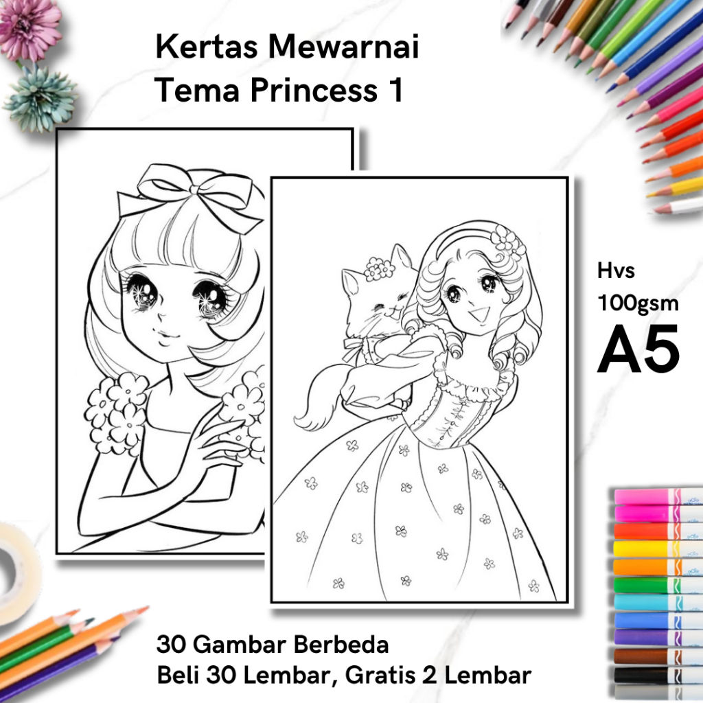 Jual 30 Lembar Kertas Gambar Mewarnai Tema Princess 1 A5 - Aktivitas ...