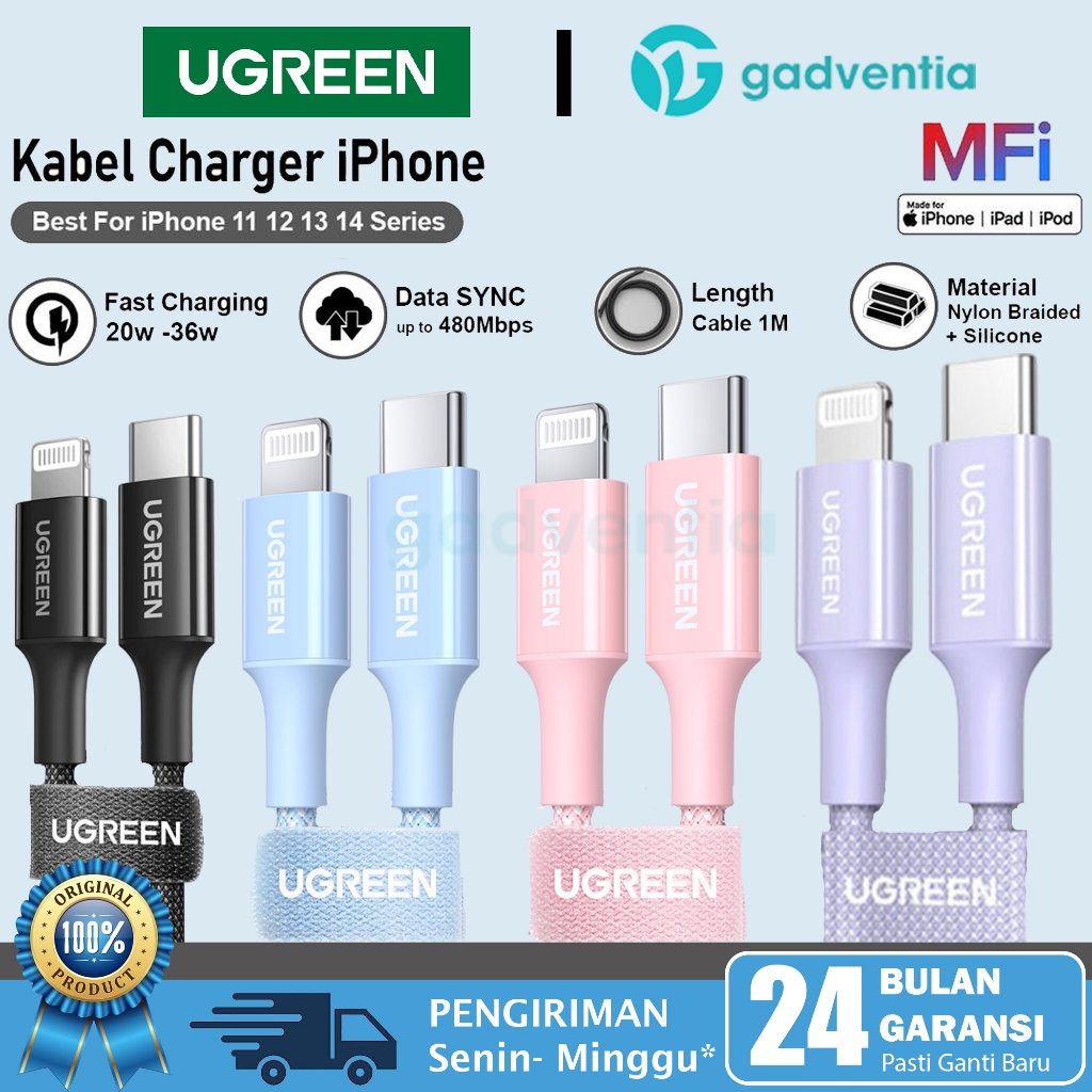 Jual Ugreen Kabel Charger MFI For iPhone 11 12 13 14 Pro Max USB C Lightning Cable PD Fast ...