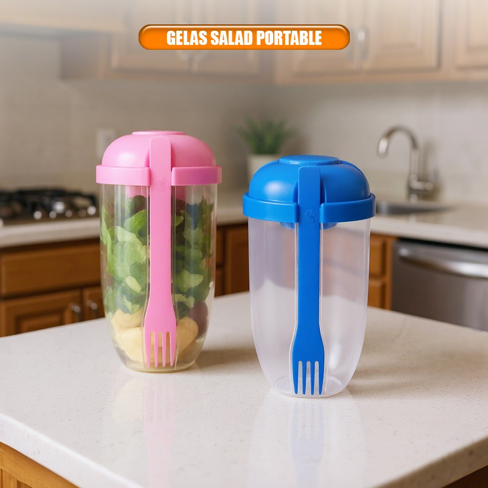 Jual Botol Salad 1000ML dengan Sendok Garpu + Botol Saus Kecil Praktis ...