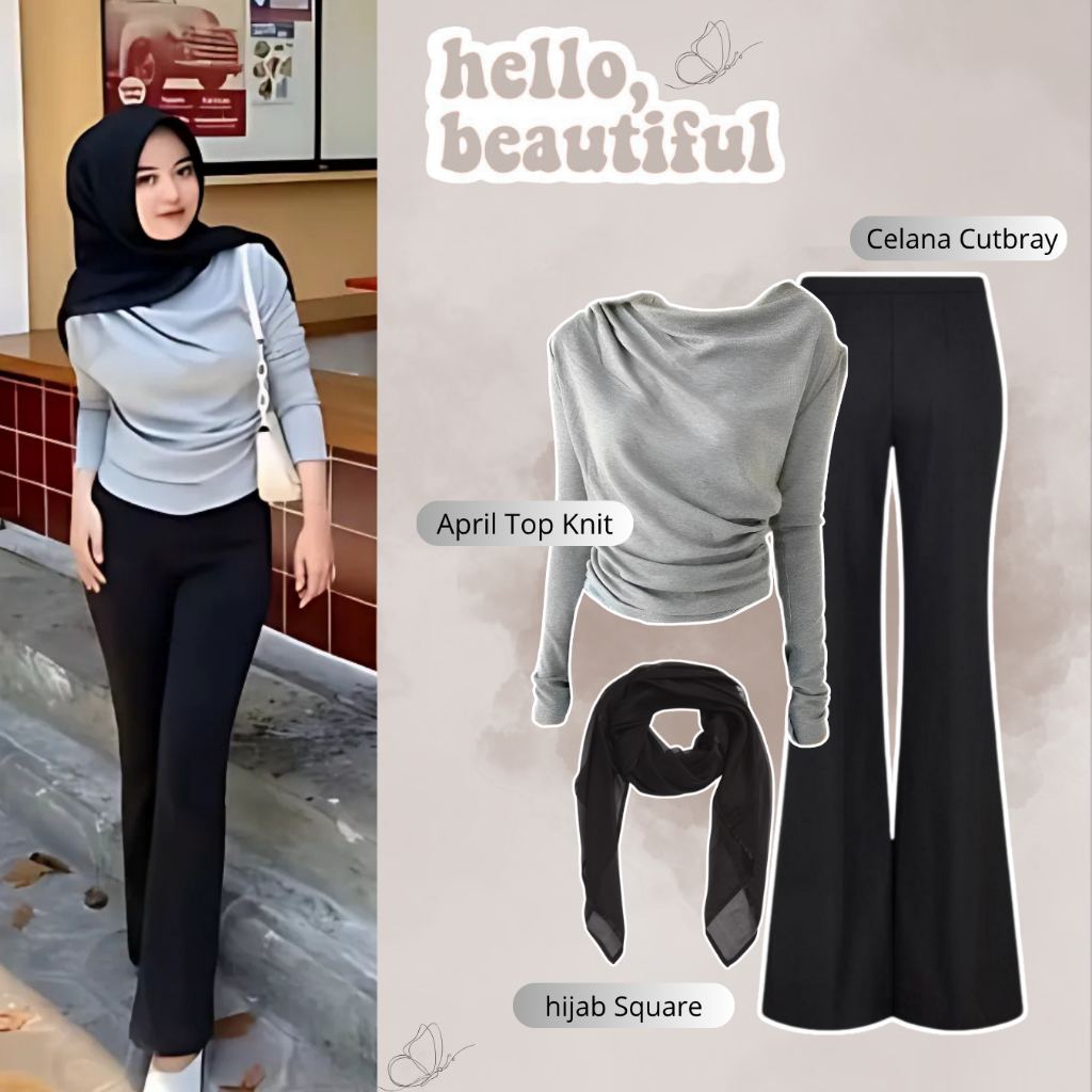 Jual Set Outfit Cewek Kekinian (April Top Knit, Celana Cutbray, Hijab Square) OOTD Nongkrong ...