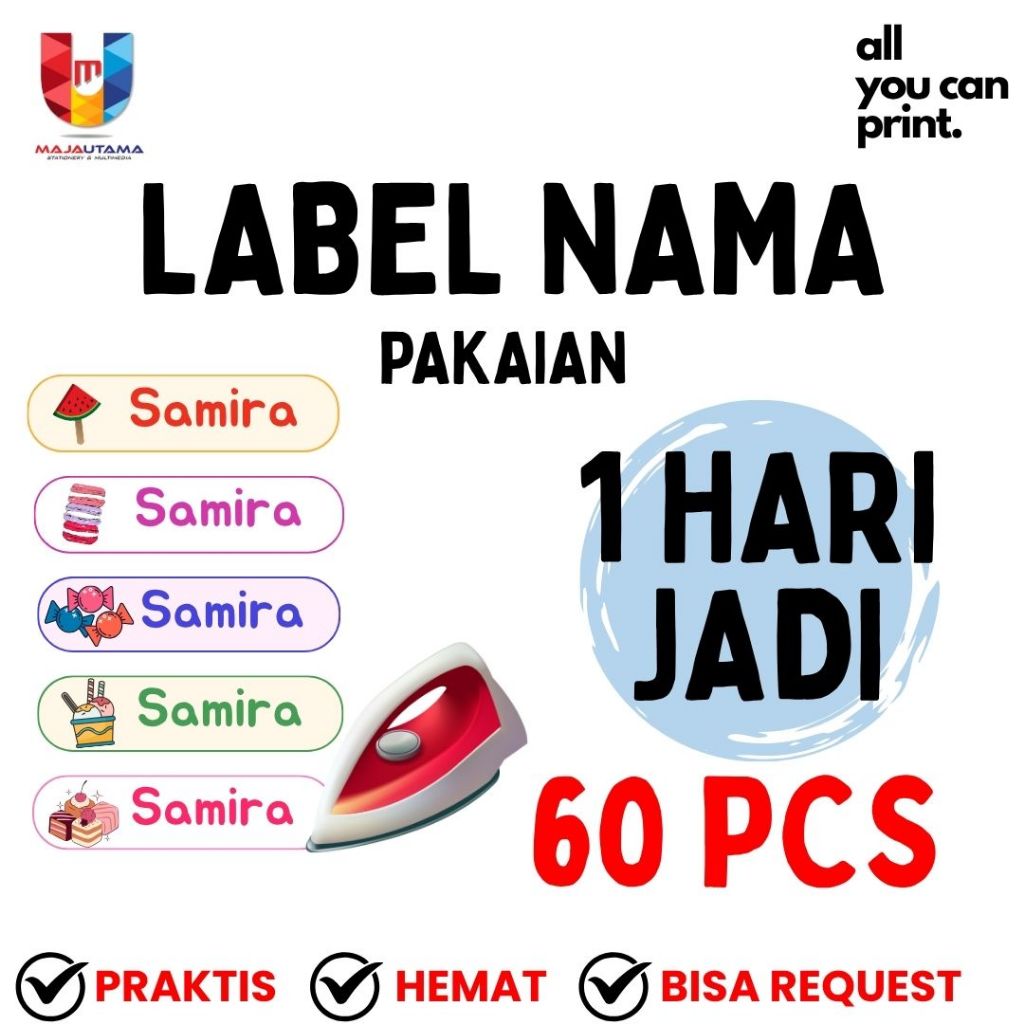 Jual Sticker Nama Label Printing Isi 60 Pcs Untuk di Kain / Kaos Sablon ...
