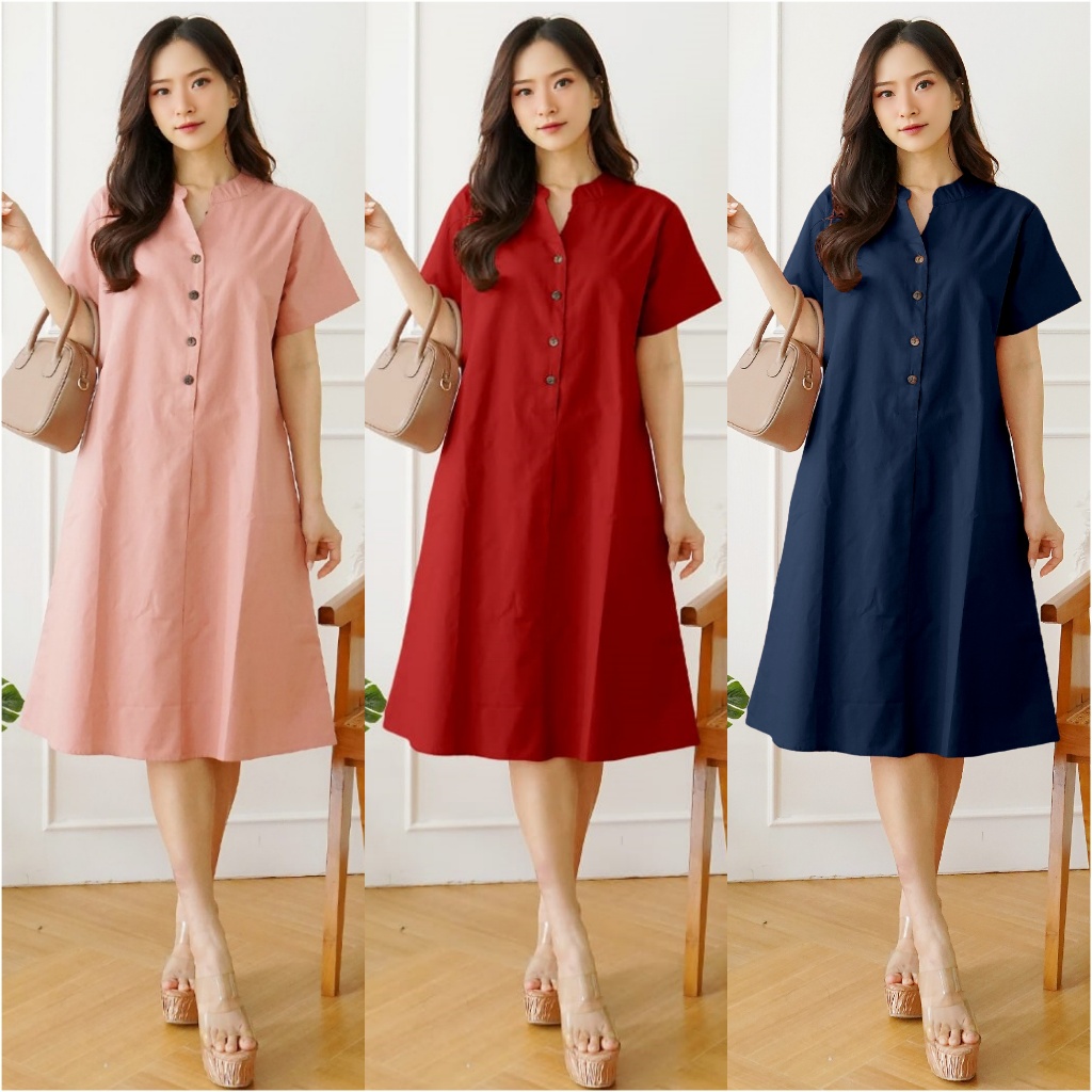 Jual Dress Midi Wanita Korean Style Polos Basic Baju Gaun A line ...