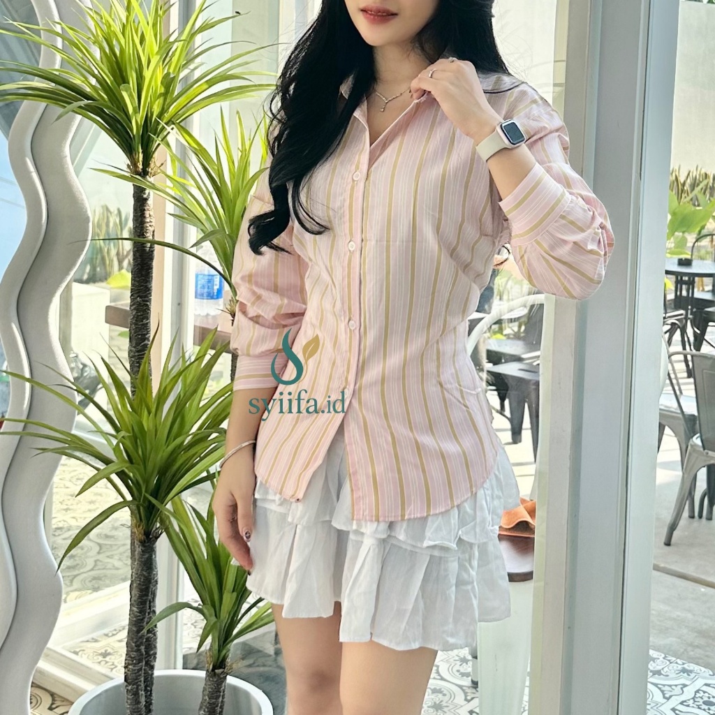 Jual Sella shirt Kemeja Kerja Wanita Fit Garis Stripe Karet Lembut Pink ...