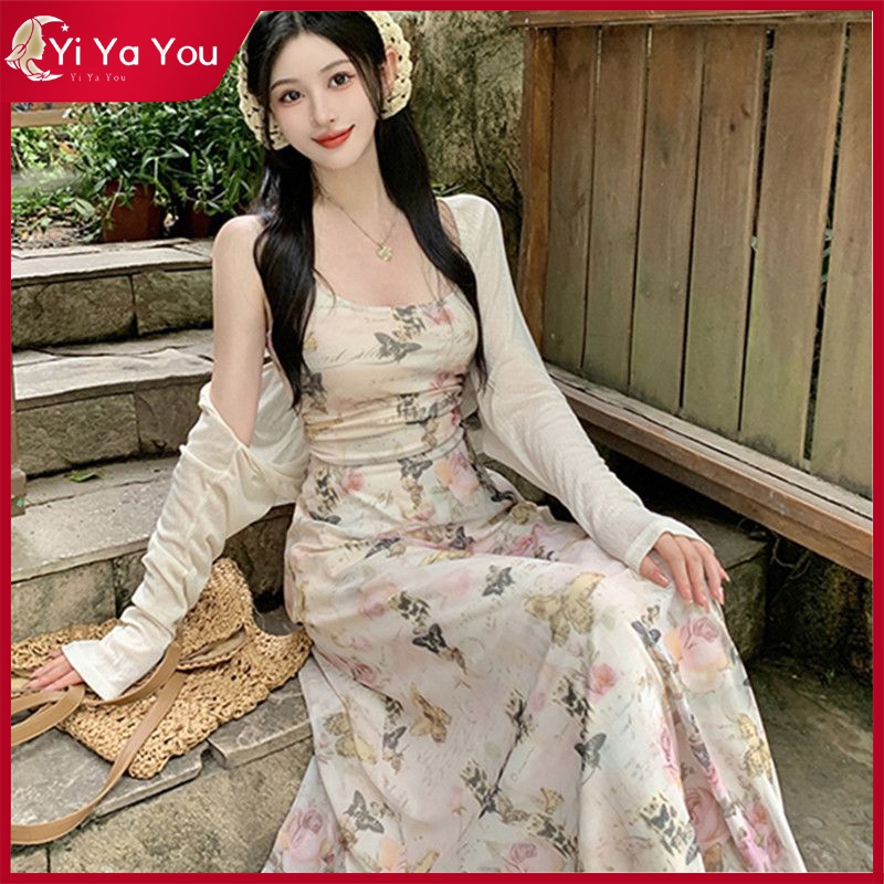 Jual Set Dress Floral Butterfly Long Dress Tulle Layer Elegan Feminim ...