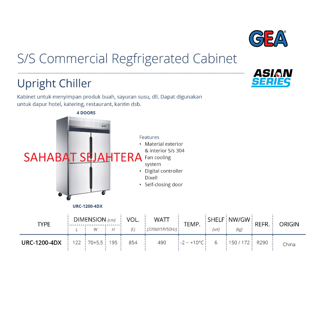 Jual GEA Stainless Steel Upright Chiller URC-1200-4DX Chiller Stainless ...