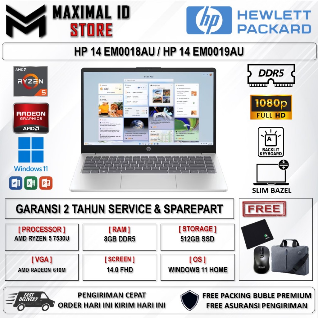 Jual Laptop Hp 14 Amd Ryzen 5 7530U Ram 8GB DDR5 512GB SSD FHD IPS ...