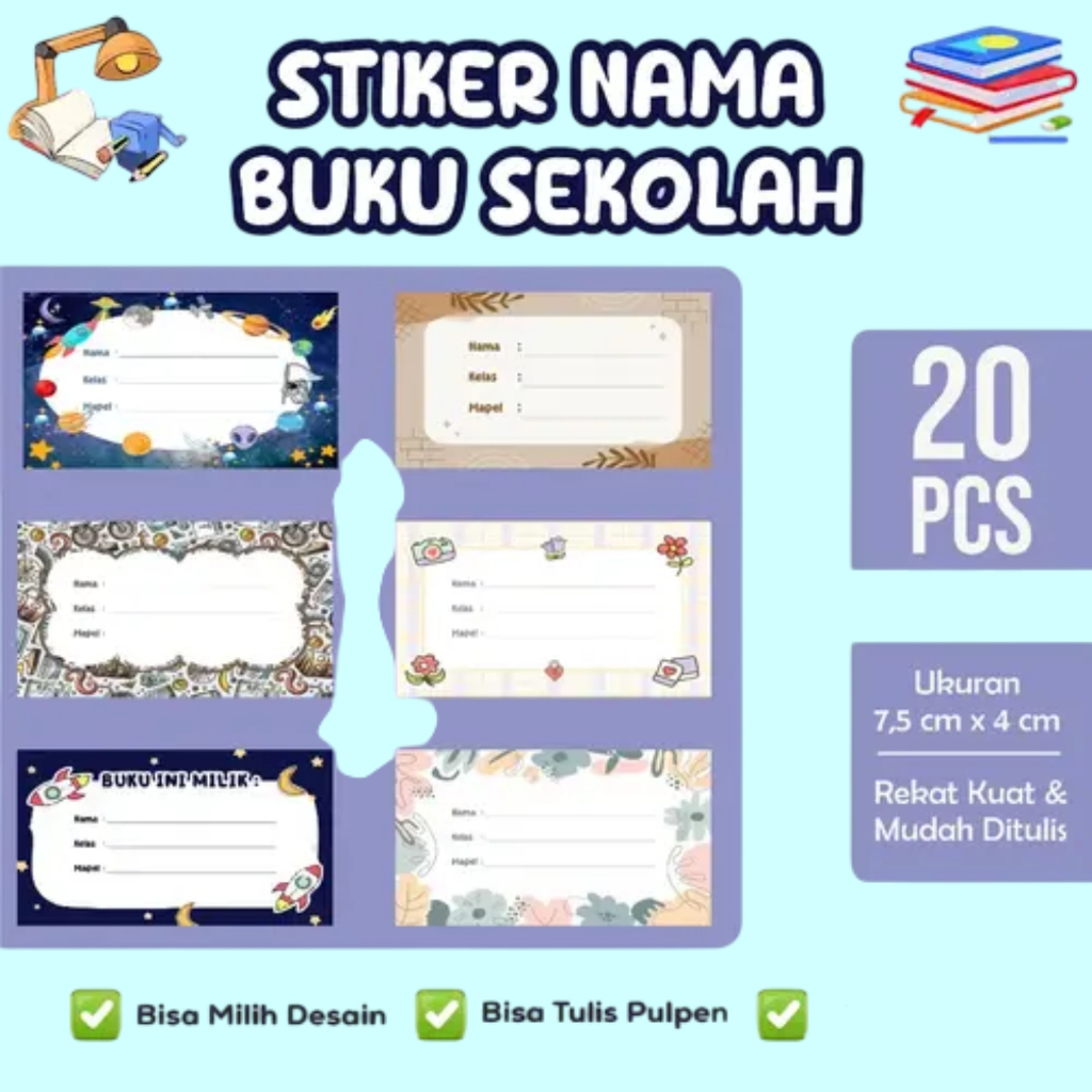 Jual 20 PCS Stiker Nama Buku Tulis / Sticker Nama Buku Tulis Pelajaran ...