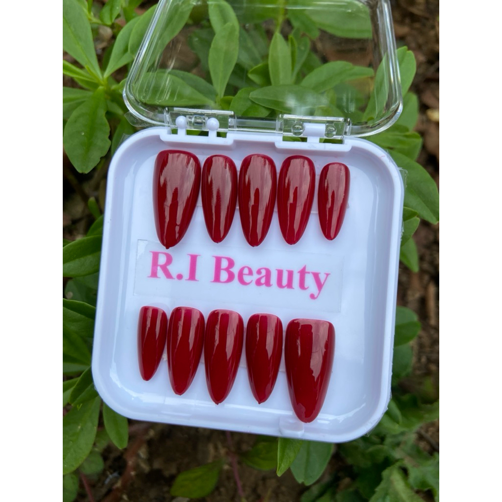 Jual press on nail merah maroon simple elegan premium free lem cair lem ...