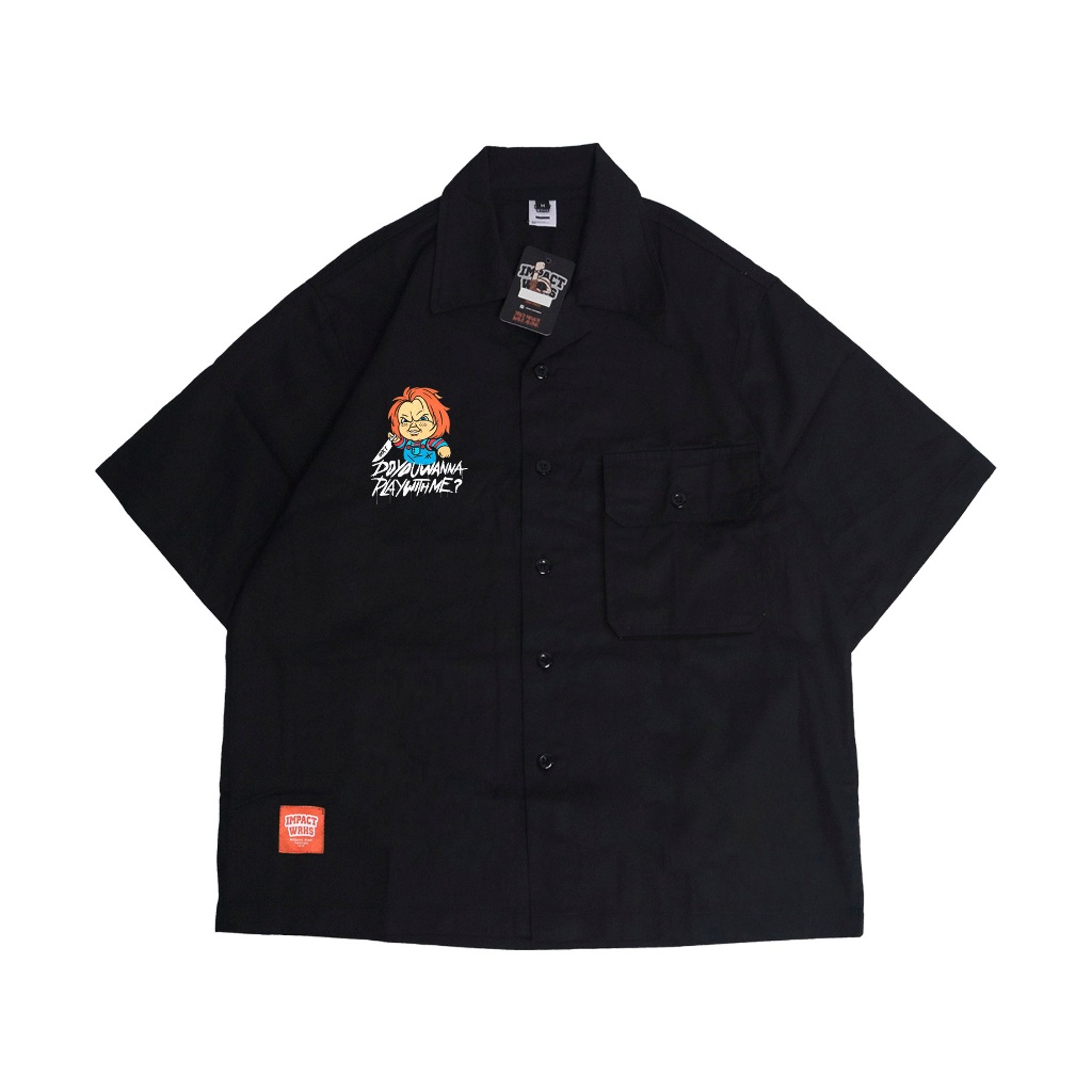 Jual IMPT WRHS | Work Shirt | Kemeja Hitam Pendek Boxy Skena | The ...
