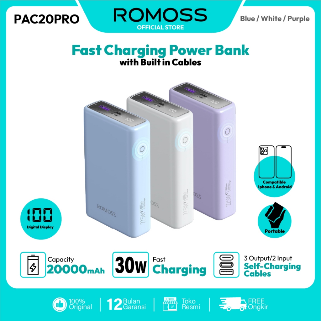 Jual Romoss Powerbank PAC20 Pro with dual-cable Fast Charging 20000mAh ...
