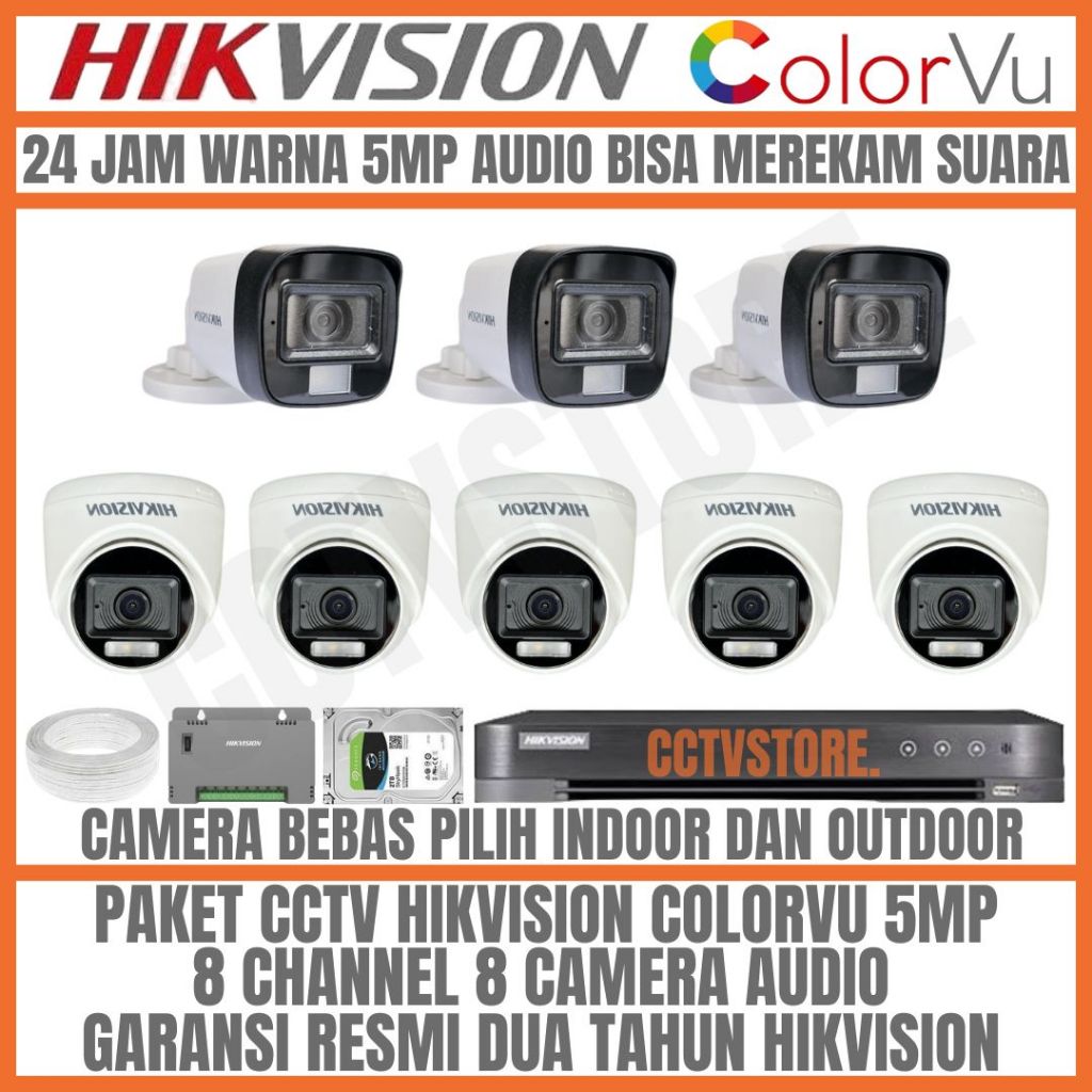 Jual Paket cctv hikvision colorvu 5mp 8 channel 8 camera turbo hd 5mp 3k colorfull kamera cctv ...