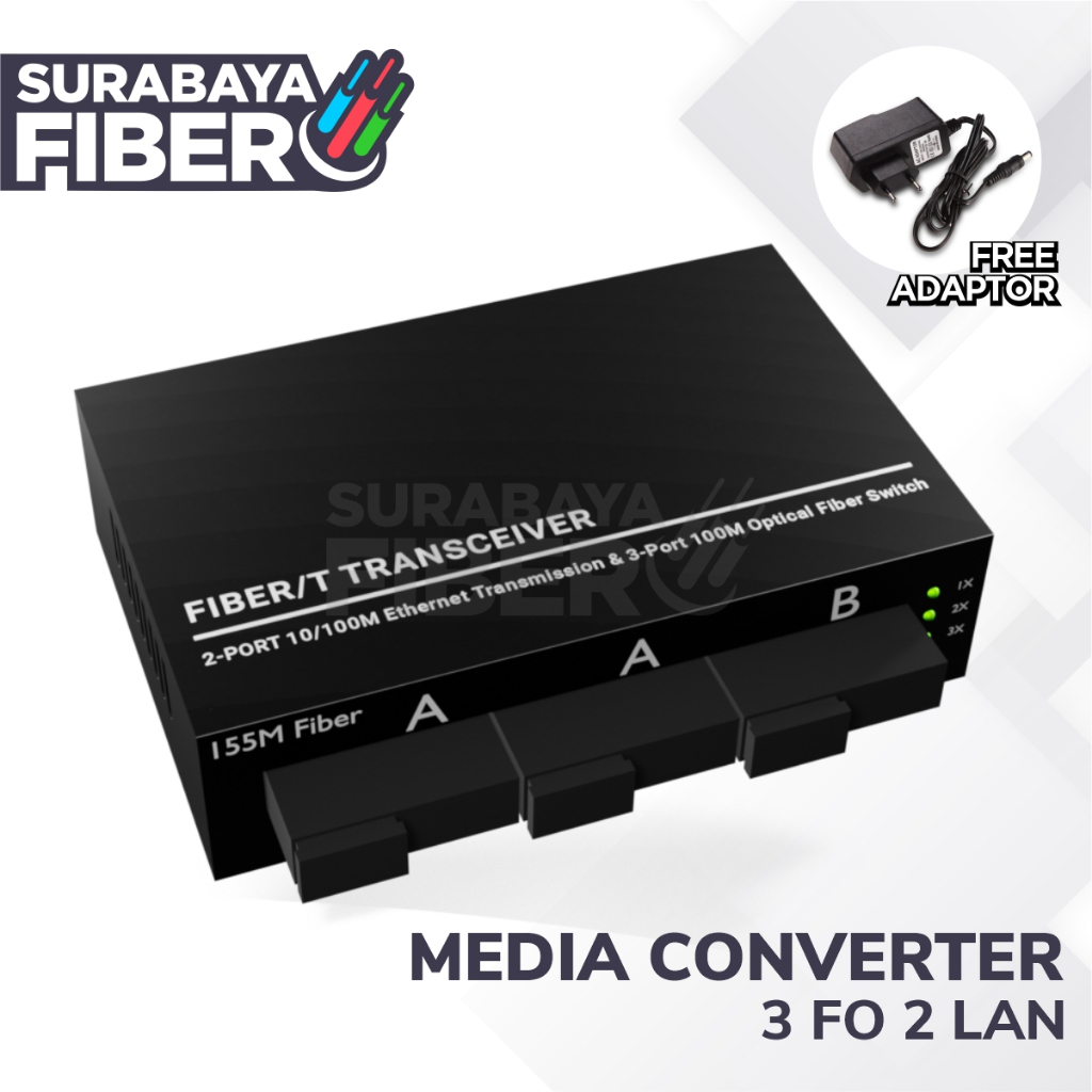Jual Media Converter 3 FO 2 LAN - Konverter Fiberoptik to LAN - HTB 3 Port Non Gigabit Include ...