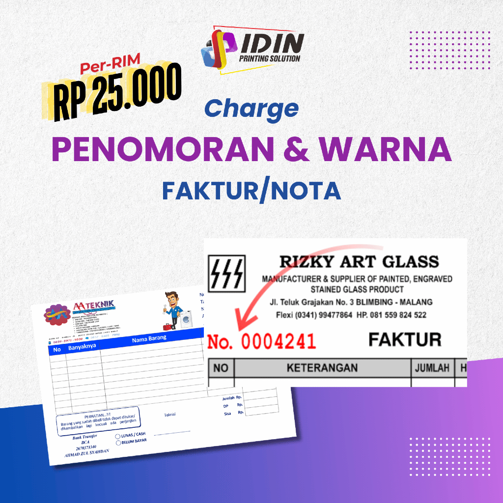 Jual Biaya Penambahan Charge Nota Faktur Numerator Warna - Percetakan ...