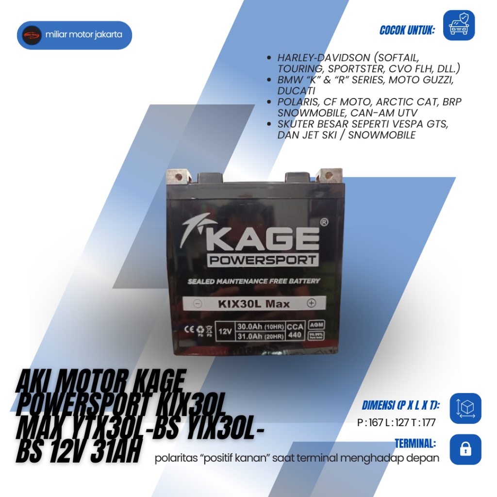 Jual Aki Motor KAGE Powersport KIX30L Max YTX30L-BS YIX30L-BS 12V 31Ah ...