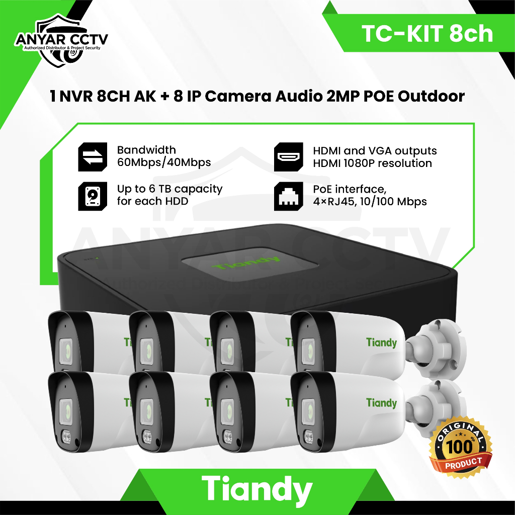 Jual TIANDY TC-KIT 8CH AK 2MP Paket IP Camera POE 8 Camera CCTV Outdoor Audio Siap Pasang ...