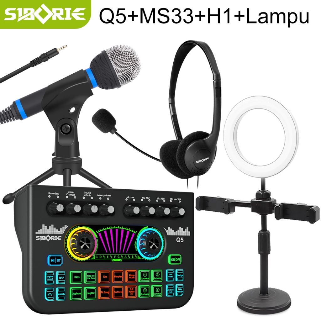 Jual Siborie Soundcard Q5+MS33/36/38 Mic+H1 Headphone+Ring Light Set Paket Lengkap Full Mixer ...