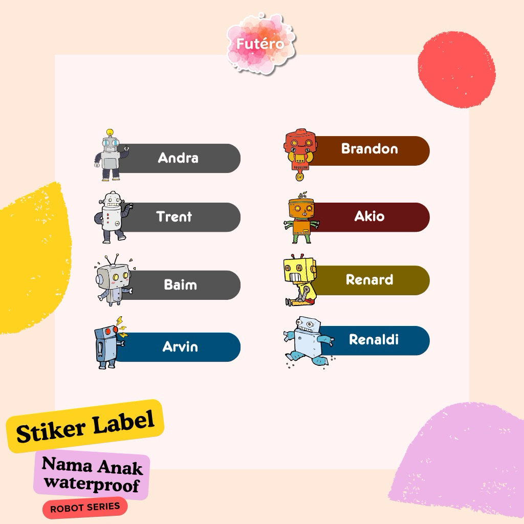 Jual Sticker Label Nama Anak Waterproof Custom : Robot series | Shopee ...