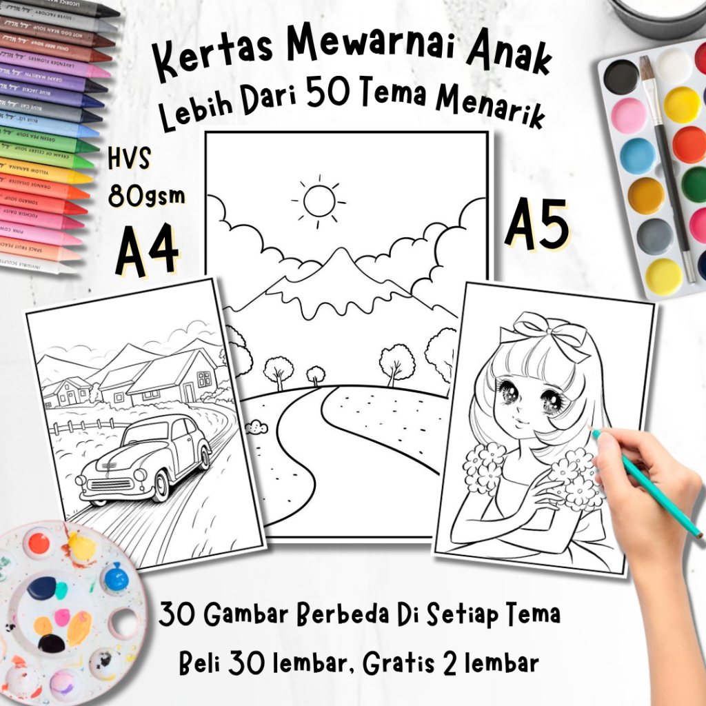 Jual 30 Lembar Kertas Gambar Mewarnai Anak Tema Random A5 & A4 ...